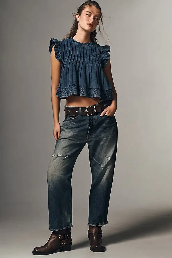 PILCRO Jade 100% Cotton Pintucked Blouse With Ruffle Sleeves - Medium Denim