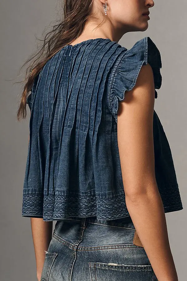 PILCRO Jade 100% Cotton Pintucked Blouse With Ruffle Sleeves - Medium Denim