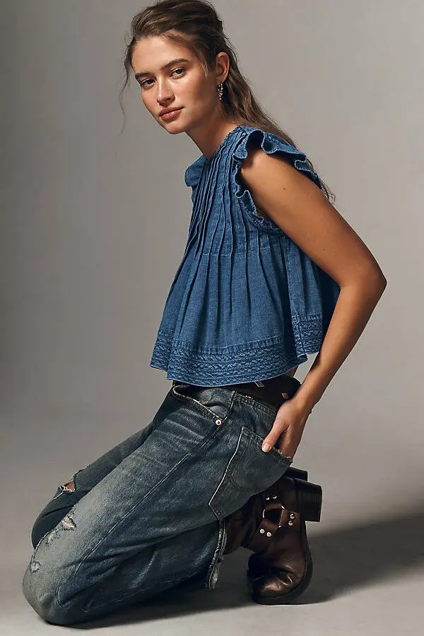 PILCRO Jade 100% Cotton Pintucked Blouse With Ruffle Sleeves