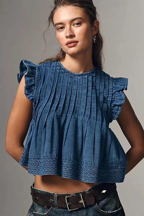 PILCRO Jade 100% Cotton Pintucked Blouse With Ruffle Sleeves