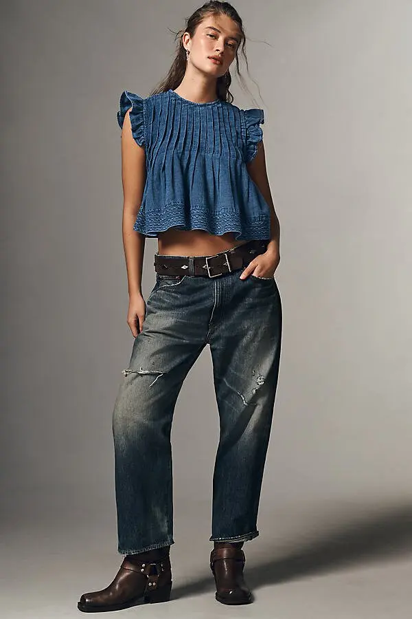 PILCRO Jade 100% Cotton Pintucked Blouse With Ruffle Sleeves