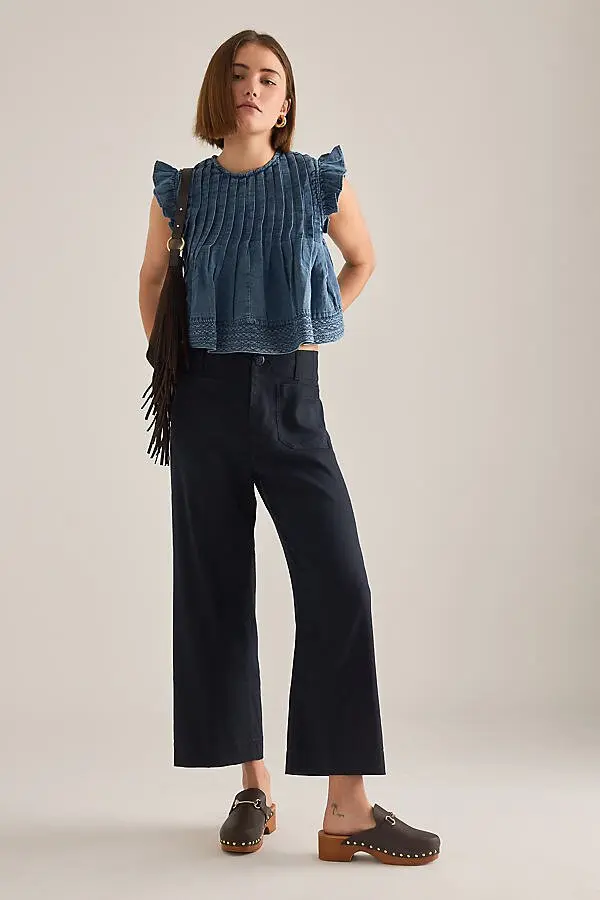 PILCRO Jade 100% Cotton Pintucked Blouse With Ruffle Sleeves
