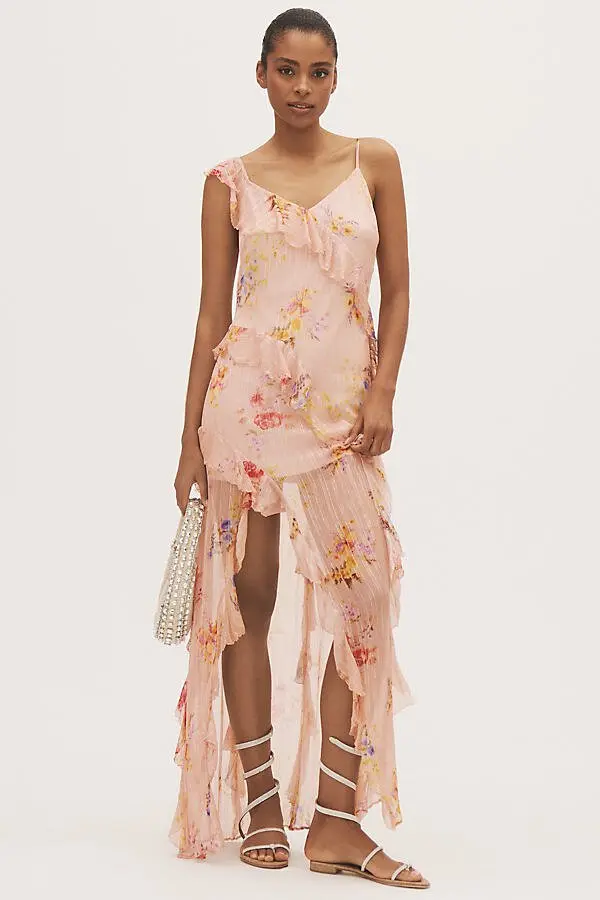 Bhldn Rae Asymmetric Ruffle Printed Chiffon Maxi Dress In Pink Print - 60%  Off | Editorialist