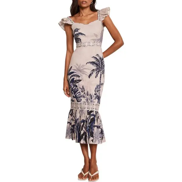 Mint Velvet Palm Print Column Midi Dress - Blue