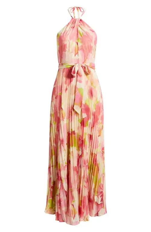 Julia Jordan Floral Pleated Chiffon Halter Dress - Pink Multi