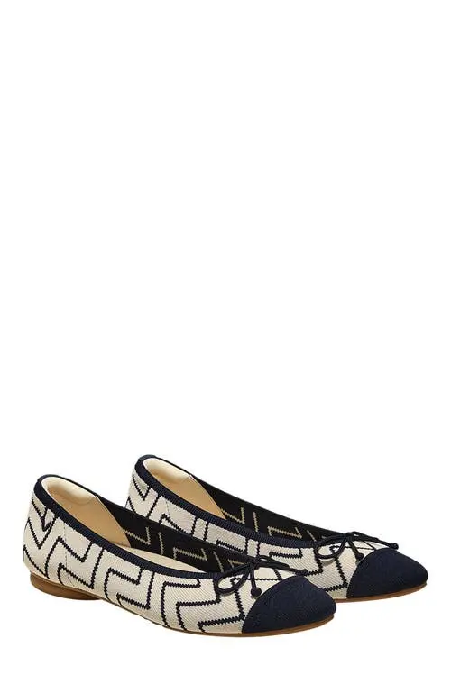 Vivaia Almond-toe Bow Flats - Ivory Navy V-print