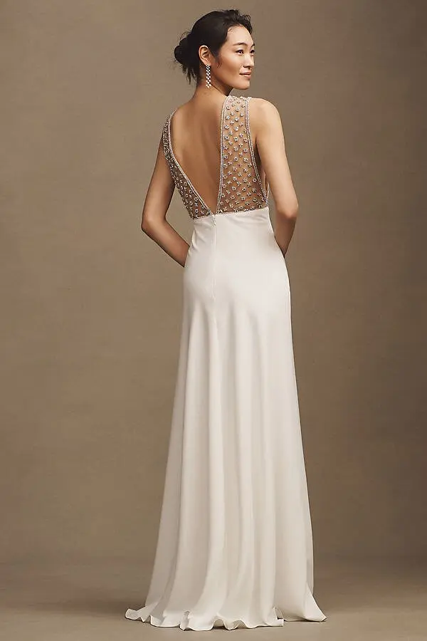 Costarellos Bianna Crystal V-neck Column Gown