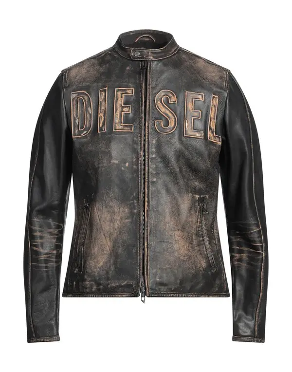 Diesel® Dark Cow Leather Biker Jacket In Brown - 50% Off