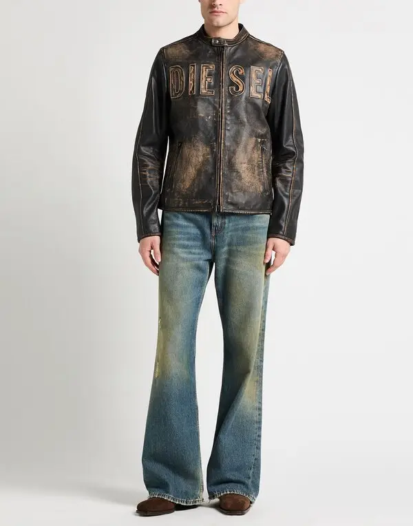 Diesel® Dark Cow Leather Biker Jacket In Brown - 50% Off