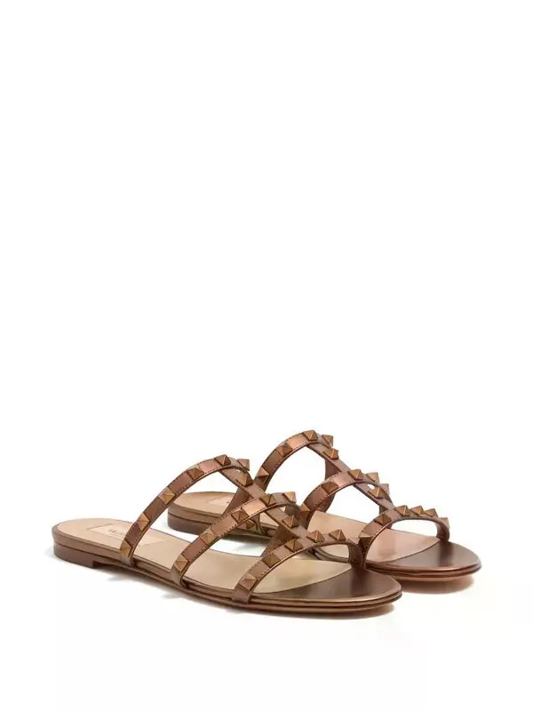 Valentino Garavani Rockstud Flat Metallic Nappa Slide Sandals - Brown
