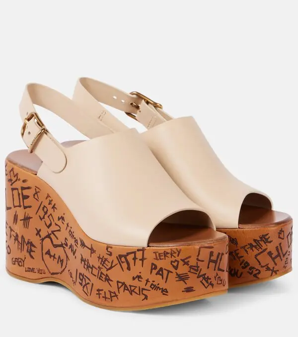 Chloé Maxime Debossed Leather Wedges - Beige