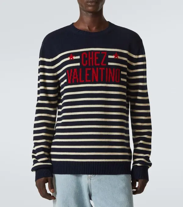 Valentino Garavani Striped Jacquard Wool Sweater - Blue