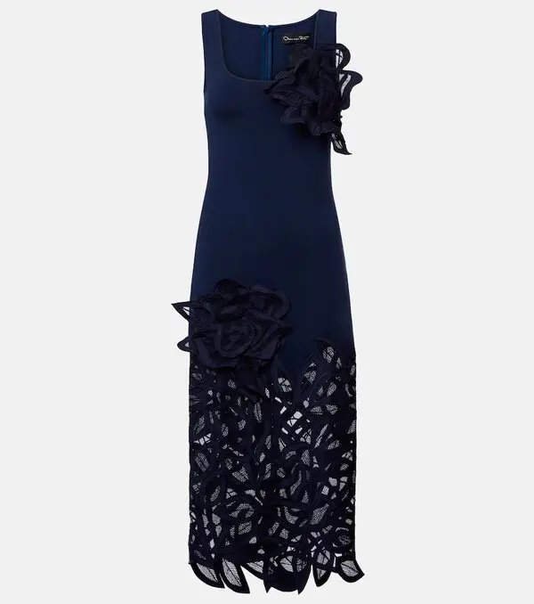 Oscar De La Renta Floral-appliqué Lace Midi Dress - Blue