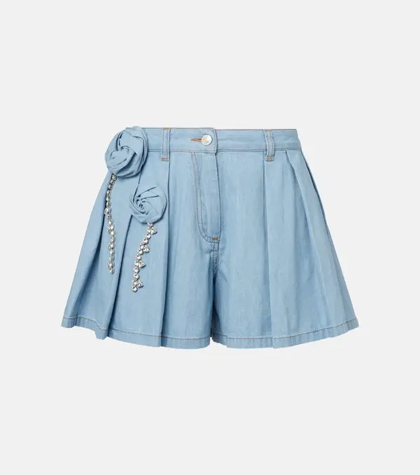 AREA Floral-appliqué Denim Shorts