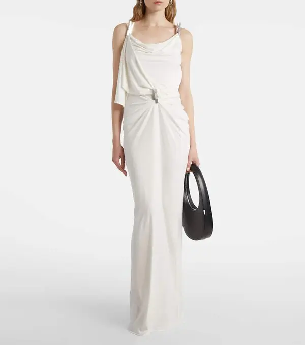 Coperni Draped Embellished Jersey Maxi Dress - White