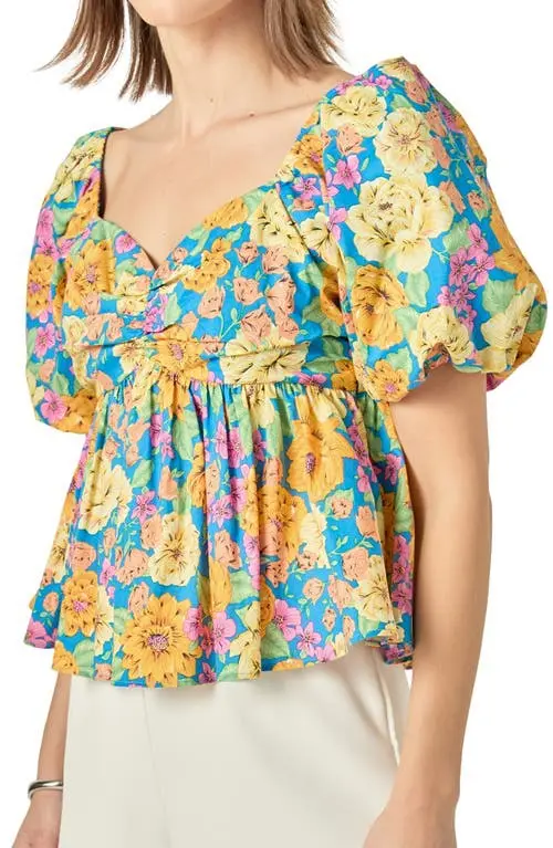 English Factory Floral Print Puff Sleeve Shirt
