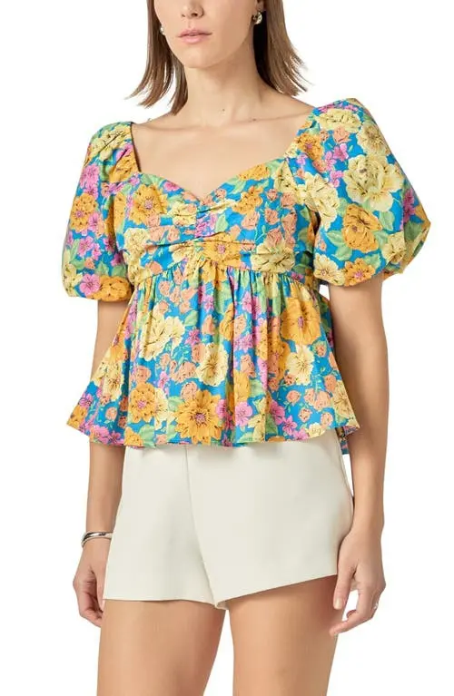 English Factory Floral Print Puff Sleeve Shirt