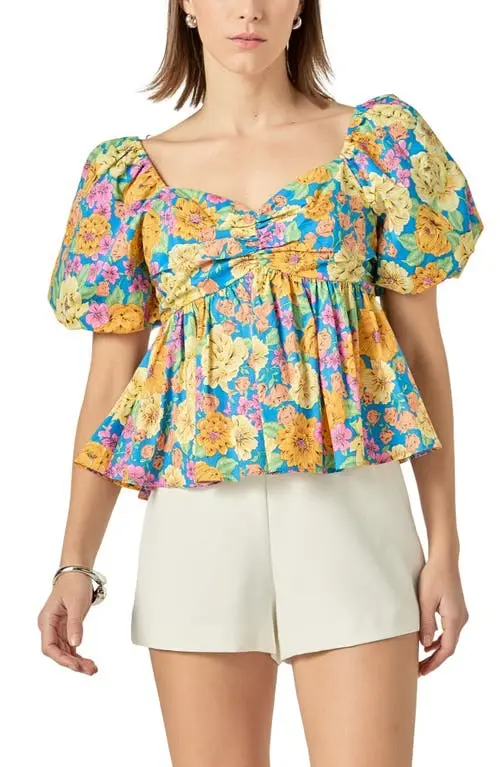 English Factory Floral Print Puff Sleeve Shirt - Blue Multi