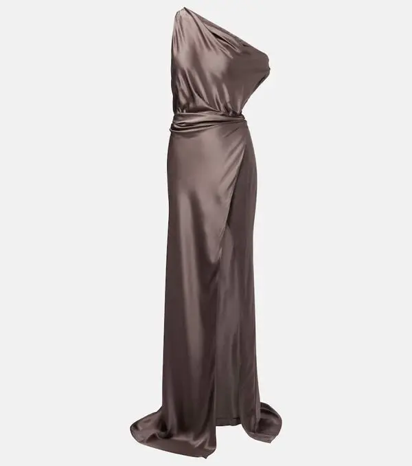 THE SEI Draped One-shoulder Silk Satin Gown - Grey