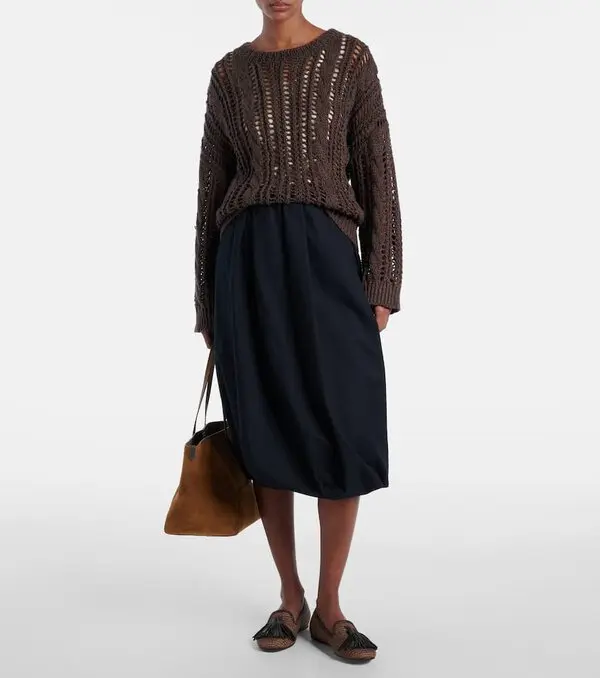 Brunello Cucinelli Gathered Cotton-blend Midi Skirt