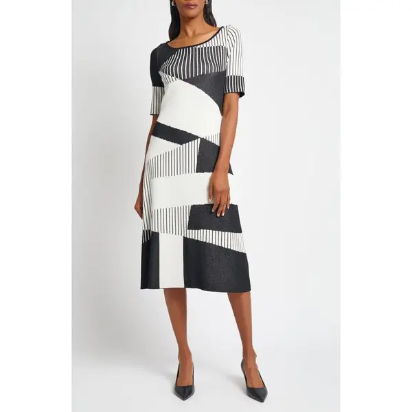 Ming Wang Knit Midi Dress - Black/ Ivory