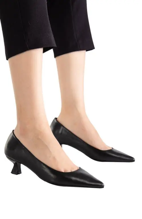 FOREVER & ALWAYS SHOES Helly Kitten Heel Leather Stiletto Pumps - Black Leather