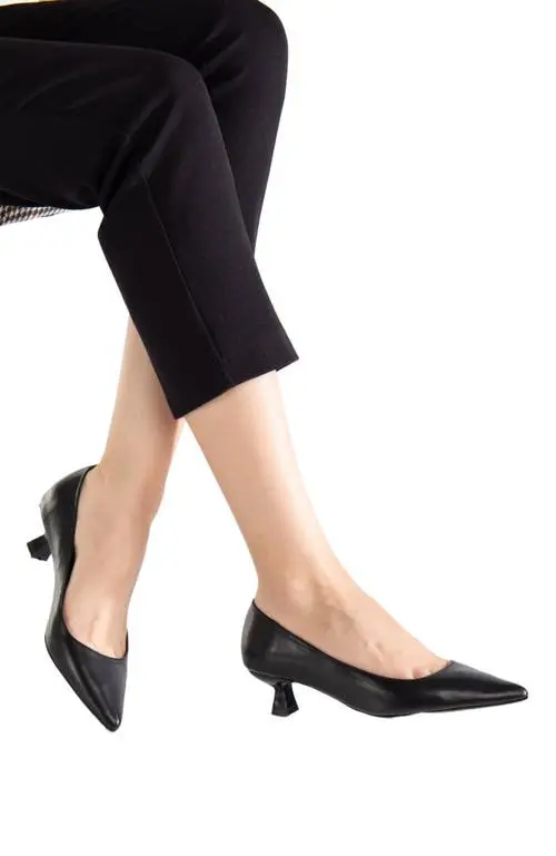FOREVER & ALWAYS SHOES Helly Kitten Heel Leather Stiletto Pumps - Black Leather