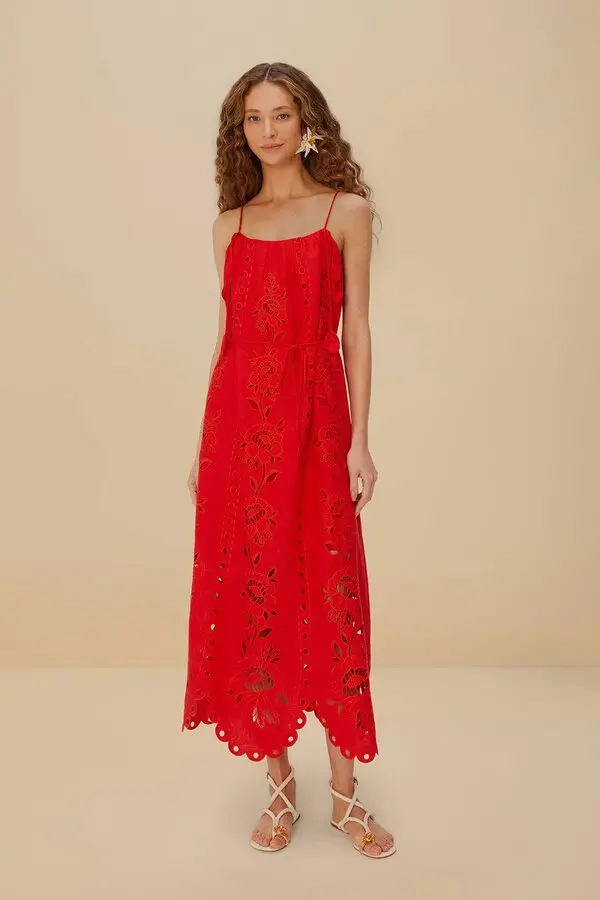 Farm Rio Richelieu Linen-Blend Sleeveless Eyelet Midi Dress - Red |  Editorialist