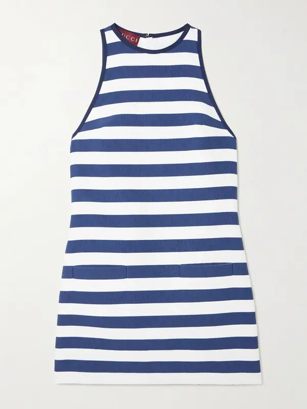 gucci blue and white striped dress Gucci Women's Navy Blue White Jersey Striped Piquet Short Dress Sz S