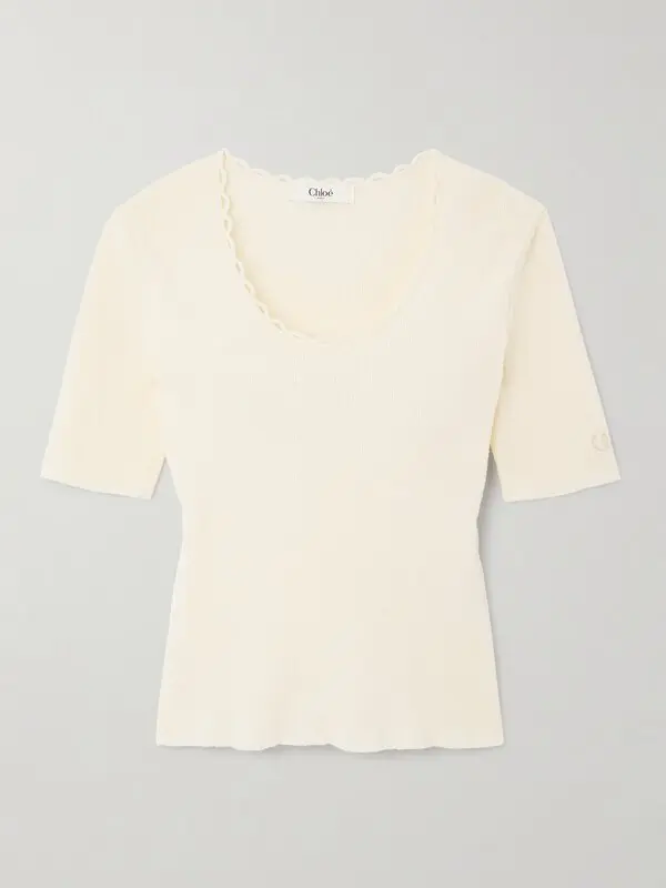 Chloé Ribbed Cotton-blend Bouclé T-shirt With Picot Trims - Neutrals