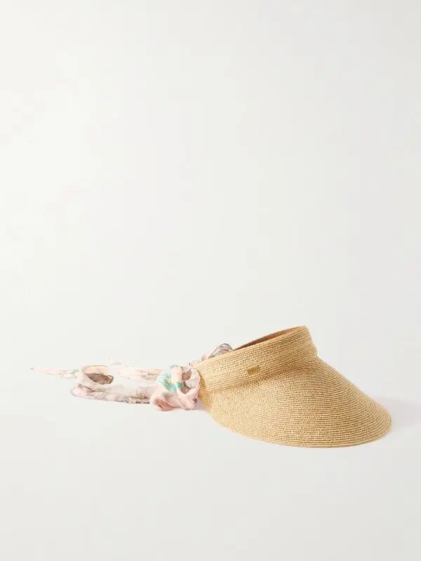 Chloé Printed Chiffon-trimmed Raffia Visor - Neutrals