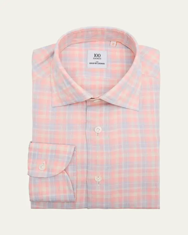 100HANDS Linen Plaid Spread-collar Sport Shirt - Lt Pink