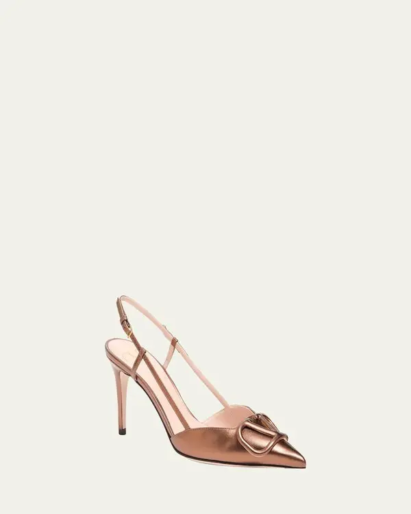 Valentino Garavani V-logo Metallic Leather Slingback Pumps