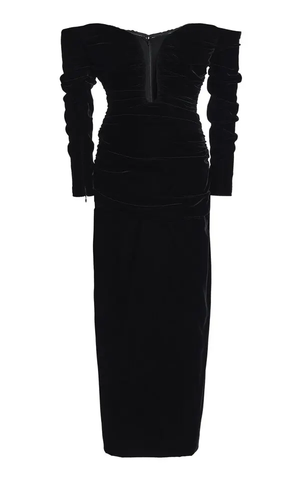 Carolina Herrera Ruched Off-the-shoulder Velvet Midi Dress - Black