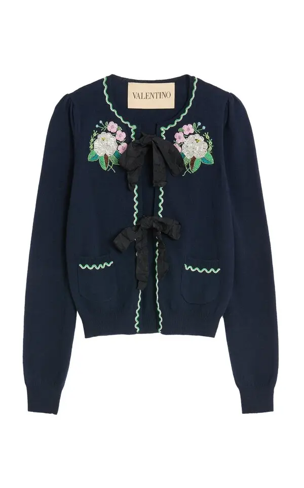 Valentino Garavani Embroidered Virgin-wool Cardigan - Navy