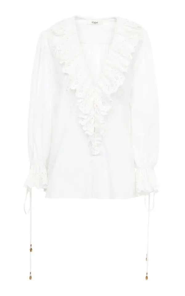 Chloé Ruffled Cotton Blouse - White