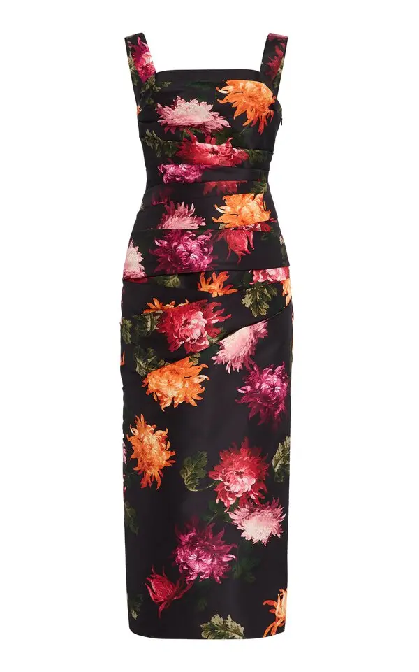 Carolina Herrera Pleated Floral Twill Midi Dress - Black