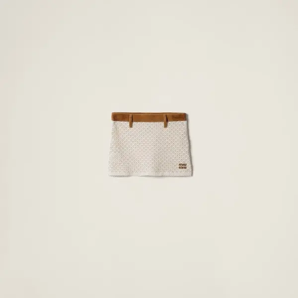 Miu Miu Cotton And Suede Miniskirt - Natural