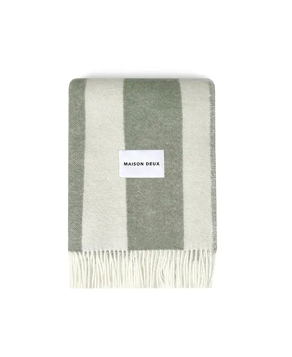 MAISON DEUX Rough Stripe Agave Blanket, 51 L X 78 W - Olive Green/white