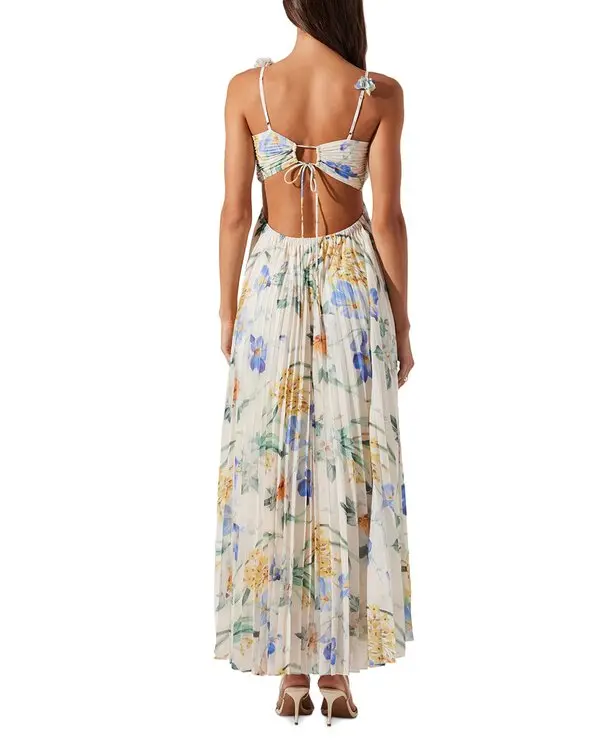 astr emese floral pleated maxi dress ASTR the Label | Emese Floral Cutout Maxi Dress in Pink Purple Floral
