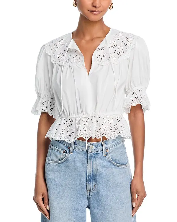 Aqua Eyelet Puff Sleeve Tie Top