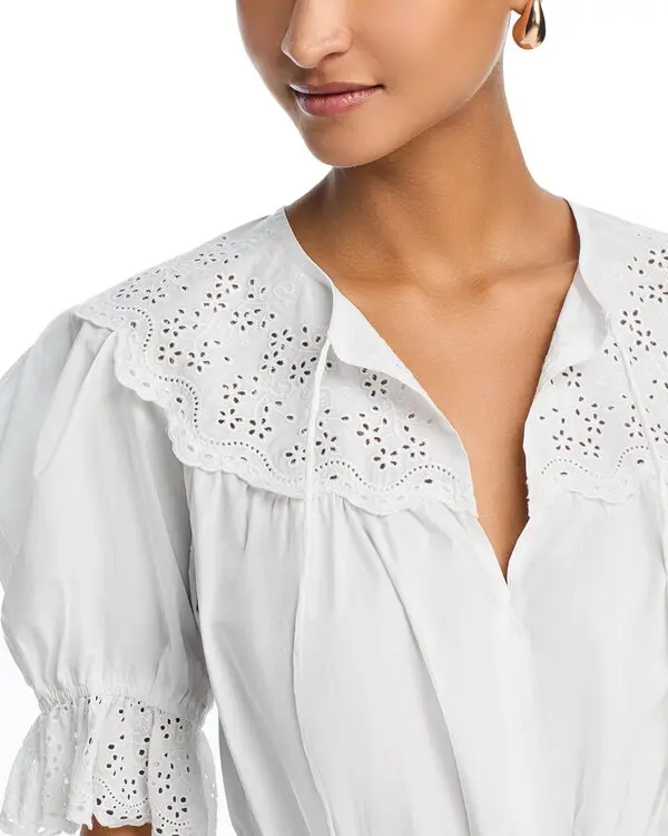 Aqua Eyelet Puff Sleeve Tie Top