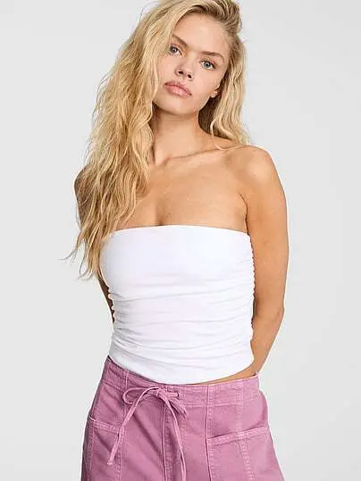 Pink All-day Cotton™ Ruched Front-tie Tube Top - White,ivory