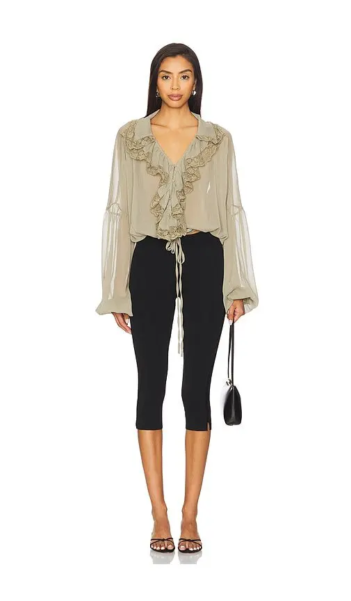 SNDYS. Cropped Chiffon Top With Ruffle And Lace Detail