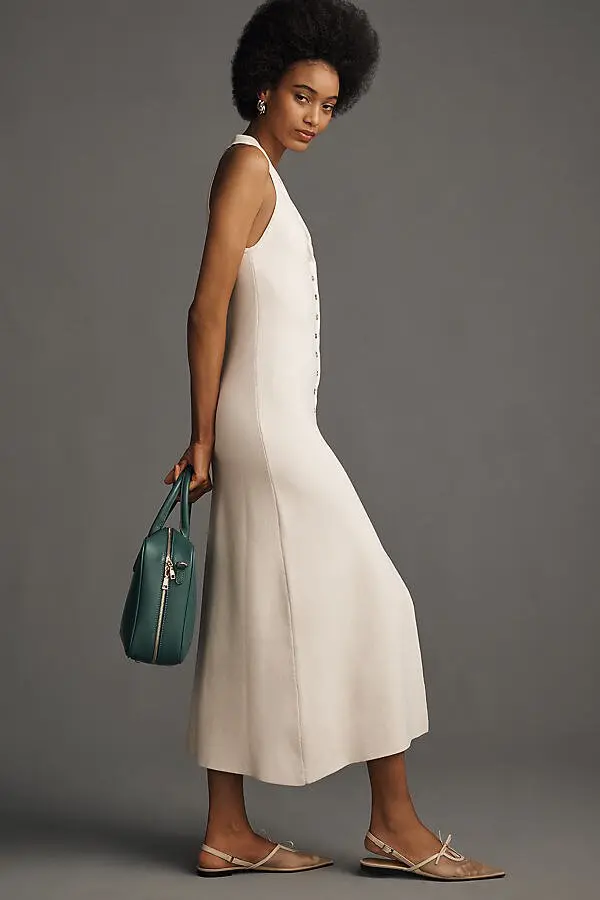 Sleeveless Halter Button-front Midi Dress - White
