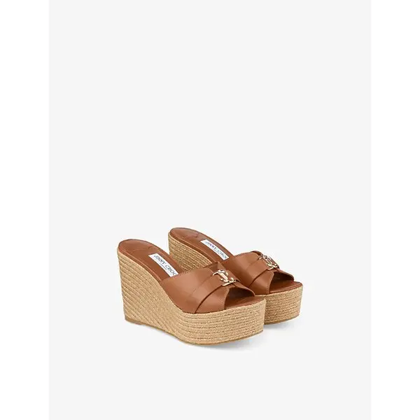 JIMMY CHOO Leda Wedge 100 Leather Mules - Tan/gold