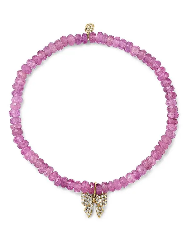 SYDNEY EVAN 14k Yellow Gold Pink Sapphire And Diamond Bow Charm Stretch Bracelet - Pink/gold