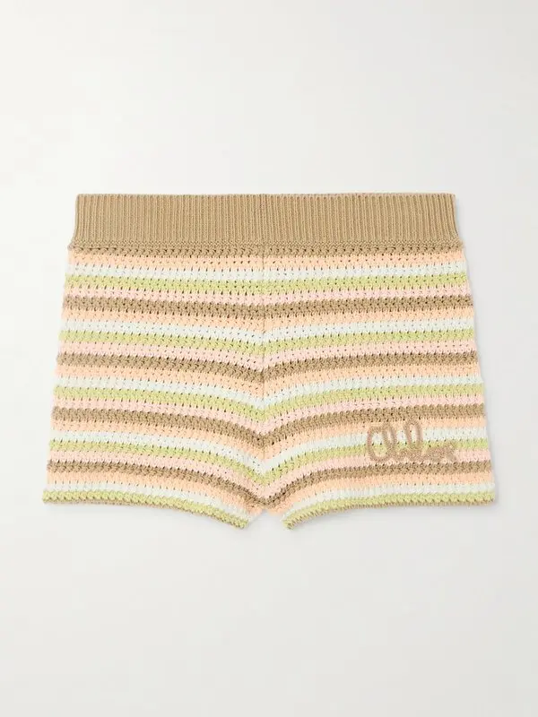 Chloé Embroidered Striped Crocheted Cotton Shorts - Neutrals