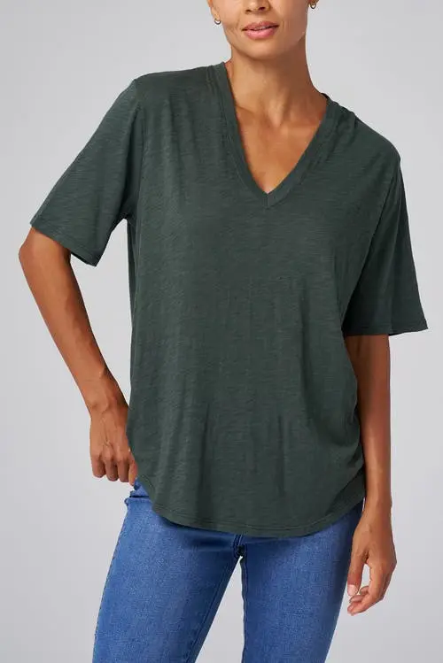 FRANNE GOLDE Slub Jersey V-neck Elbow Sleeve Tee - Evergreen