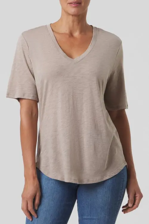 FRANNE GOLDE Slub Jersey V-neck Elbow Sleeve Tee - Sand
